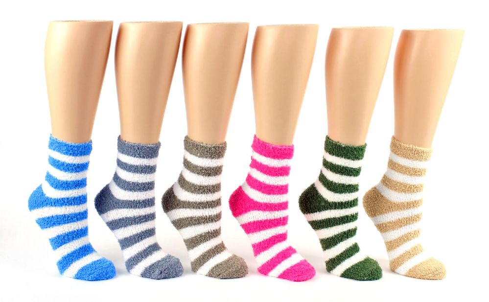 24 Units of Women's Fuzzy Ankle Socks With Stripes - Size 9-11 - Womens ...