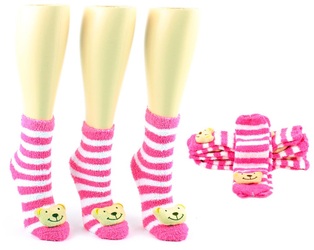 24 Units of Women's Fuzzy Ankle Socks With 3-D Bear - Size 9-11 ...